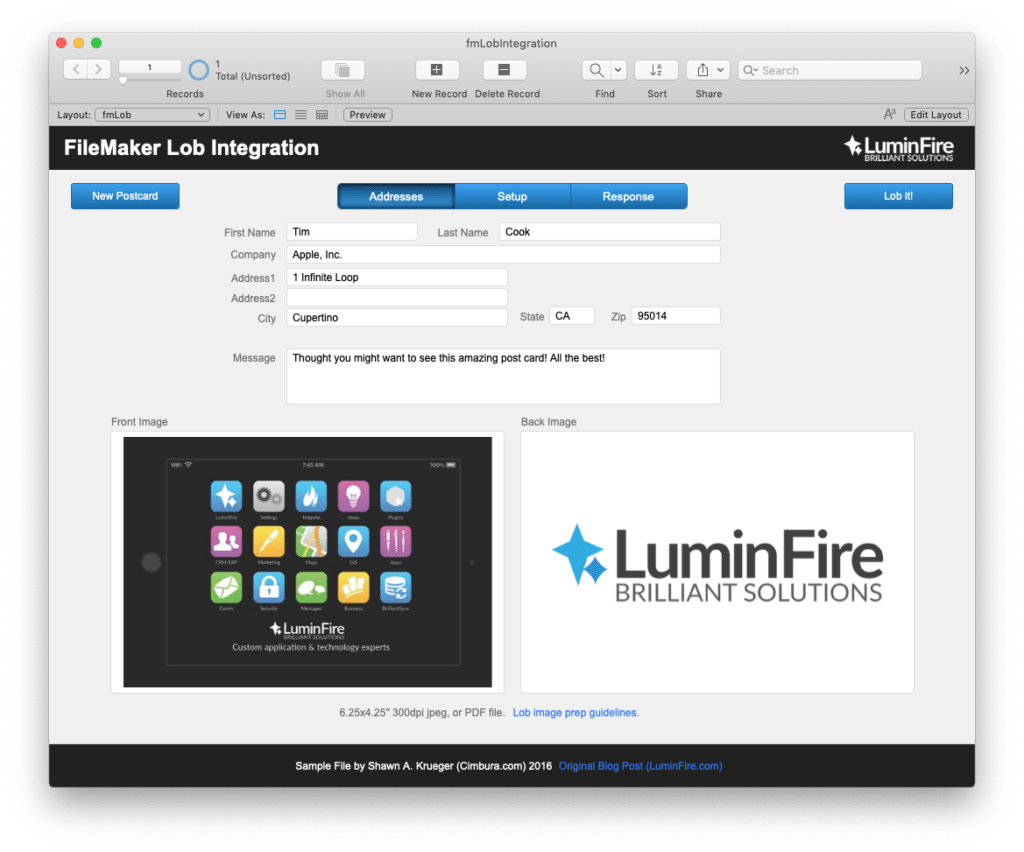 Lob Direct Mail API for Claris FileMaker - LuminFire