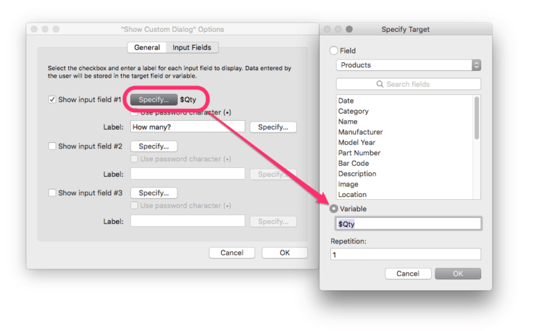 FileMaker 17 - Variables for Show Custom Dialog input fields - LuminFire