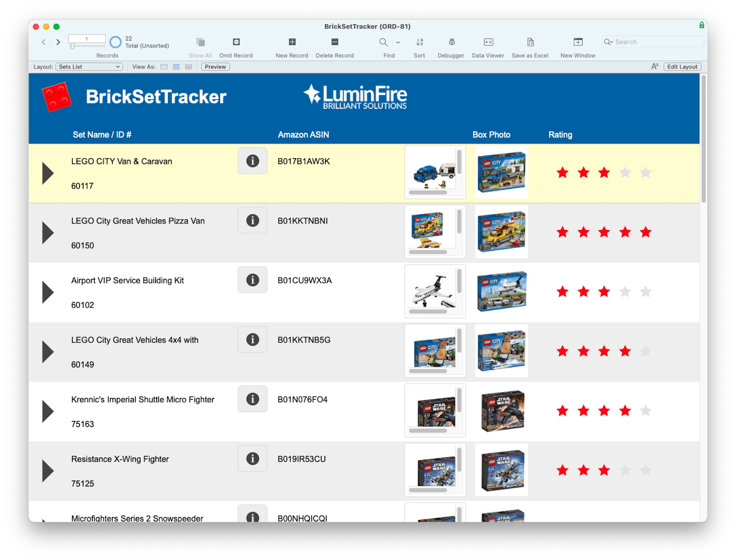Brick Set Tracker for Claris Pro & FileMaker Pro - LuminFire