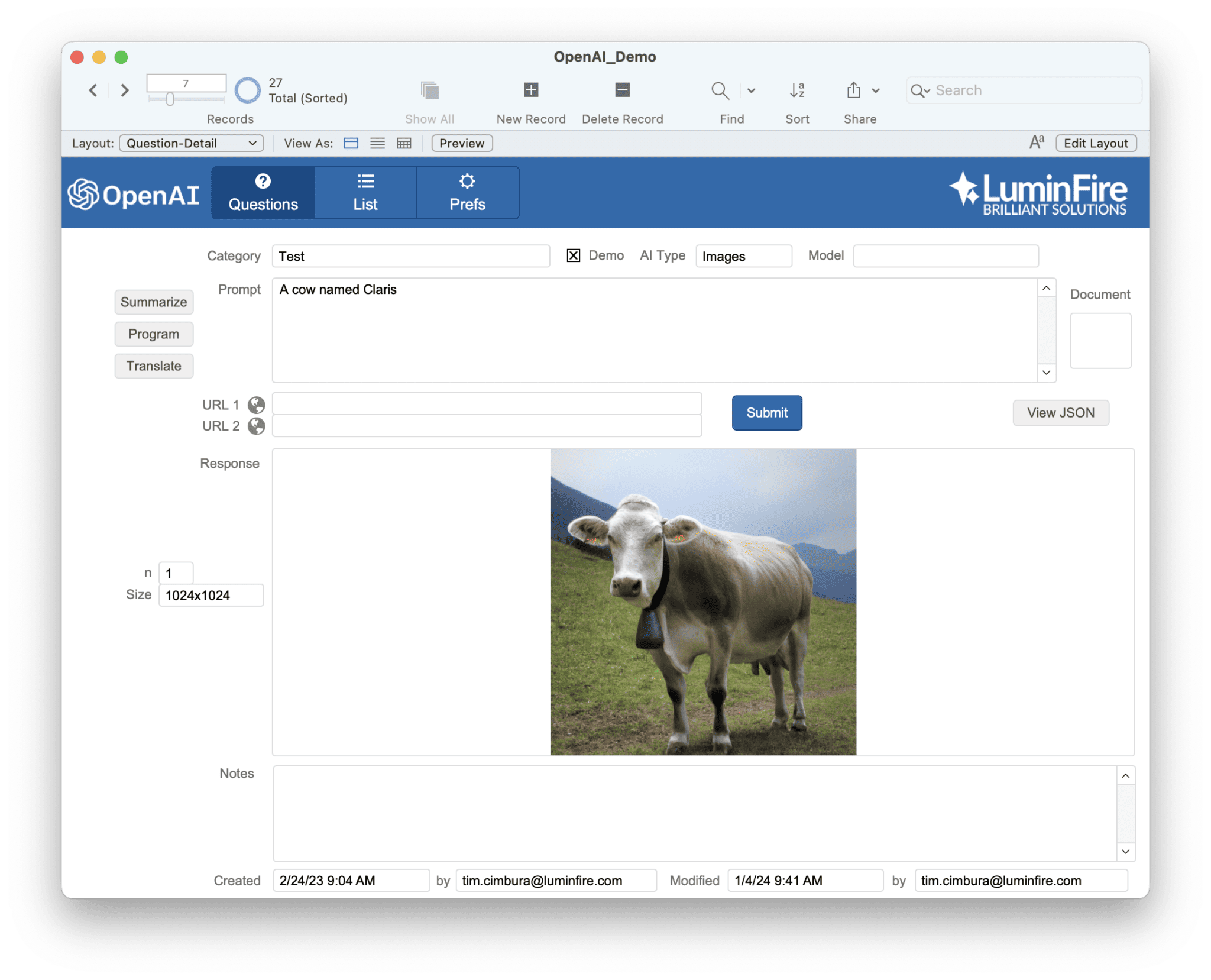 FileMaker Generative AI Demo - LuminFire